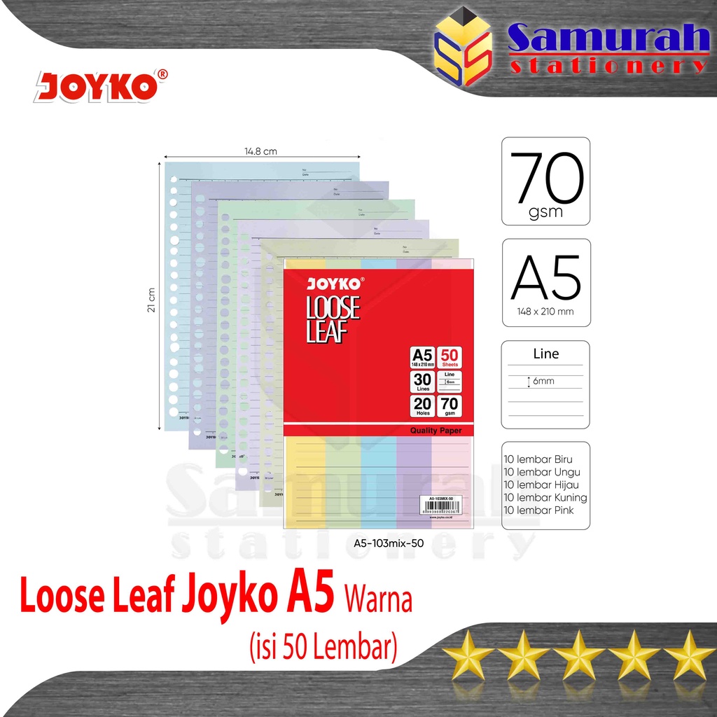 Jual Loose Leaf Joyko A5 - 103 Mix Color / isi Binder File A5 isi 50 Lembar 5 Warna Campur ...