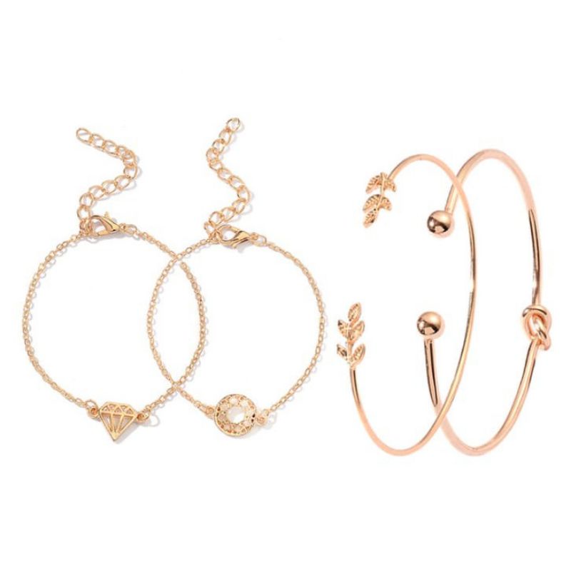 Jual 1 Set (isi 4 buah) Gelang Tangan Bangle Rantai Diamond Leaf Circle ...