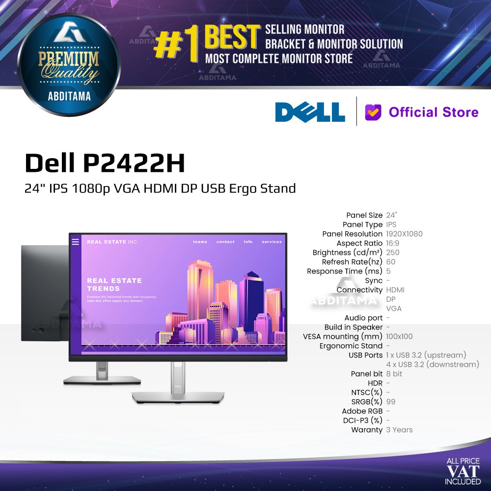 Jual Monitor LED Dell P2422H 24" IPS 1080p VGA HDMI DP USB Ergo Stand ...