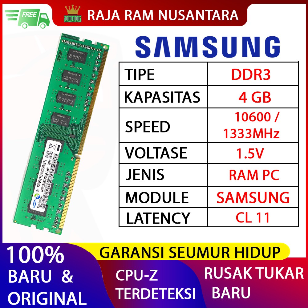 Jual RAM PC SAMSUNG DDR3 4GB PC 10600 / 1333 MHz ORI RAM KOMPUTER 1.5v ...