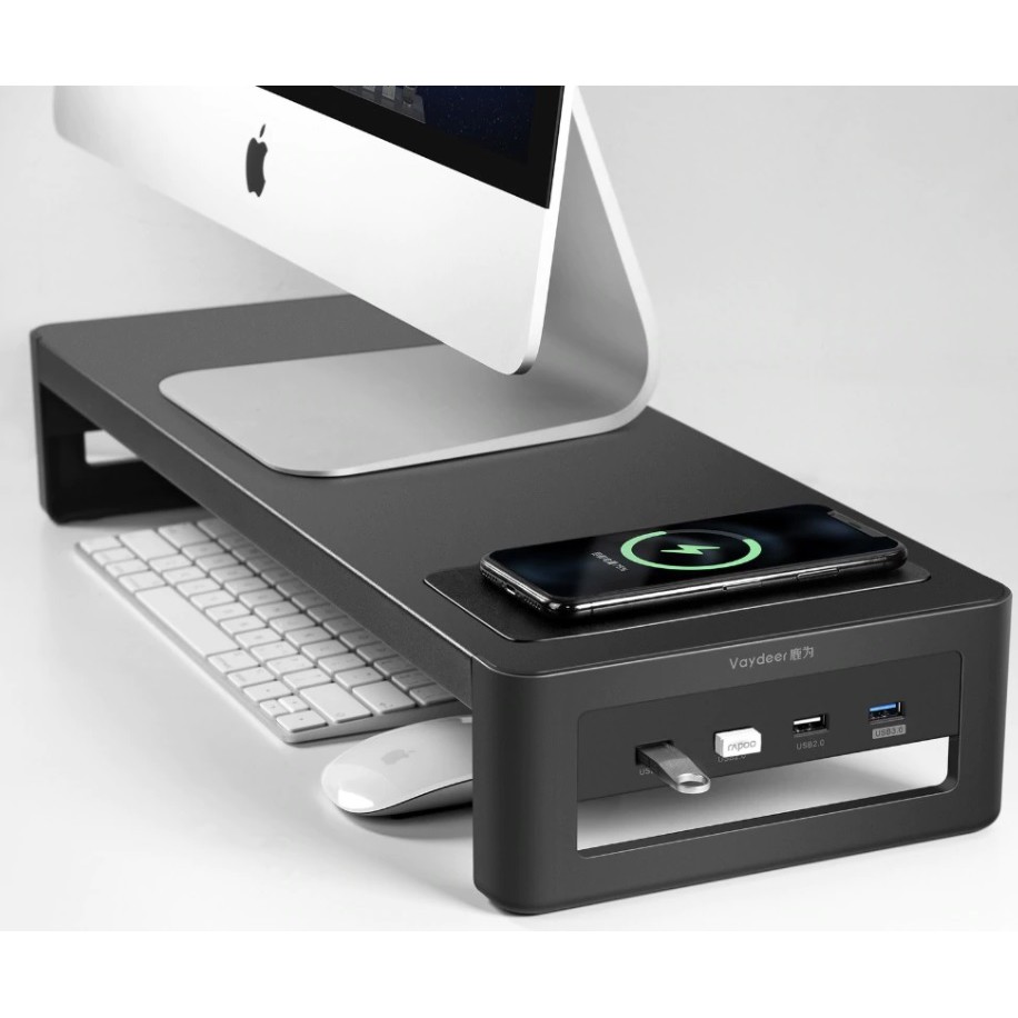 Jual Meja Monitor Alumunium Upto 27 Inch Wireless Charging 4 Port USB 3 ...