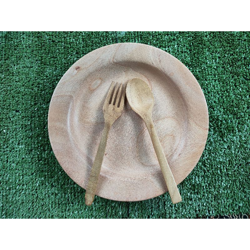 Jual piring makan kayu 20cm sendok kayu set | Shopee Indonesia