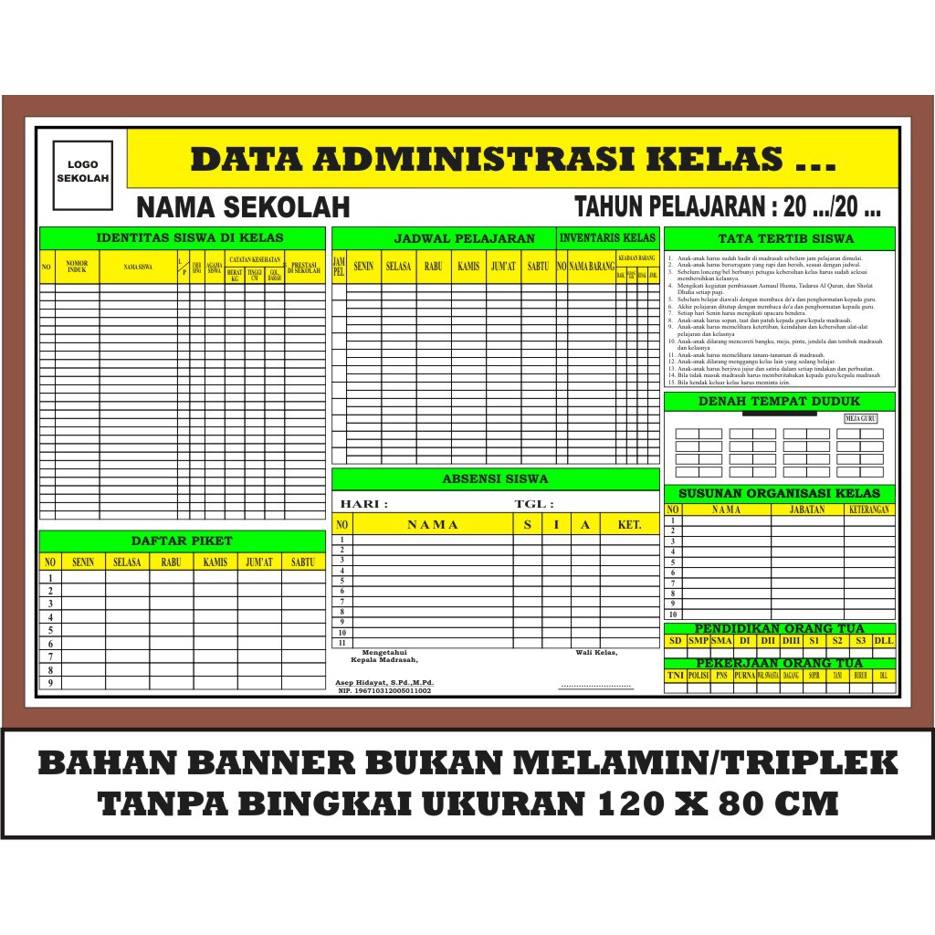 Jual Papan Data Administrasi Kelas Bisa Custom Nama Sekolah dan Logo ...