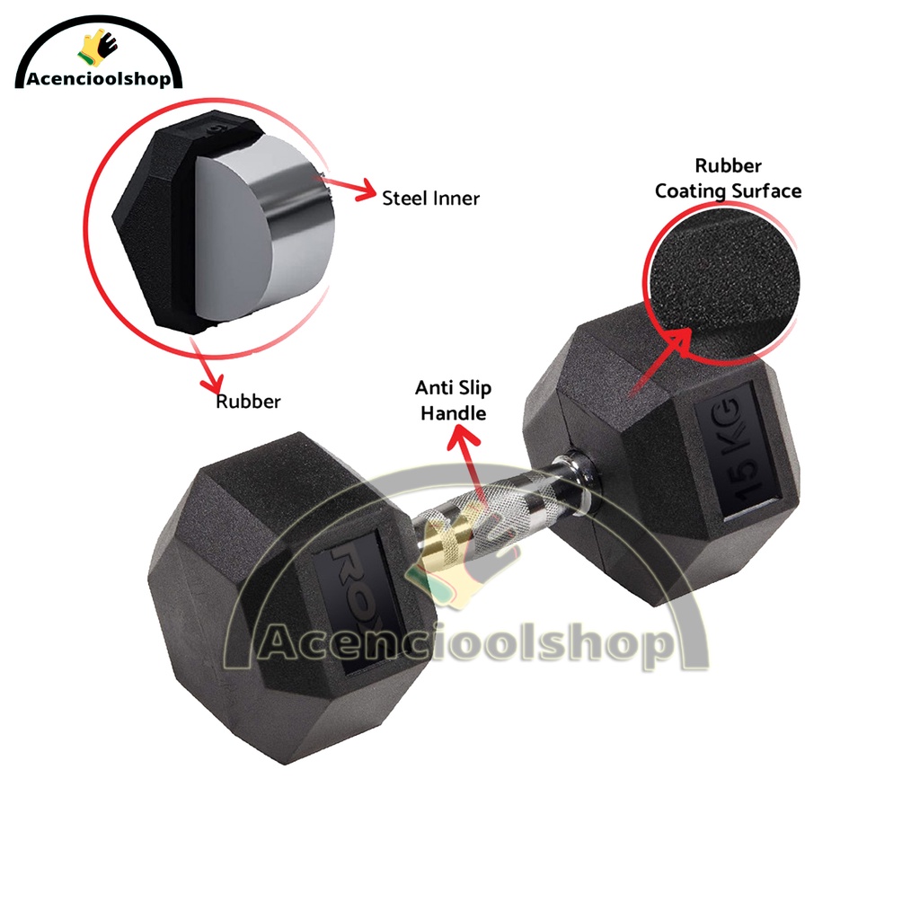 Jual Dumbell Dumble Barbel Barbell hexagonal Rubber ROX 15 kg Original ...
