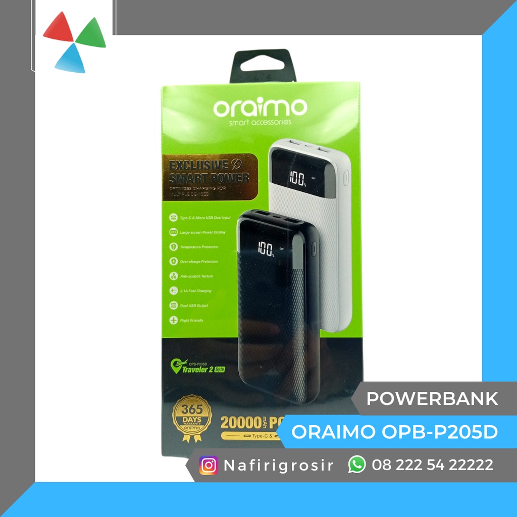 Jual ORAIMO OPB-P205D TRAVELER 2 BYTE POWERBANK 20000MAH DUAL USB LED ...