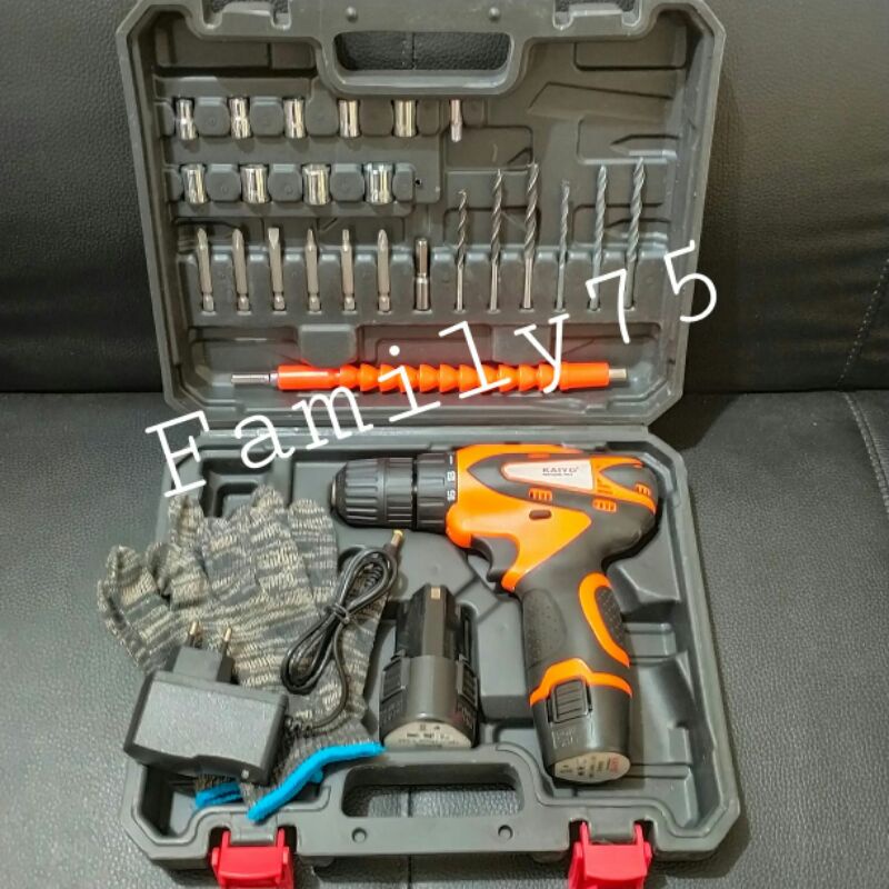 Jual Mesin bor obeng Bor 2 baterai Cordless 12 volt Cordless drill 12v ...