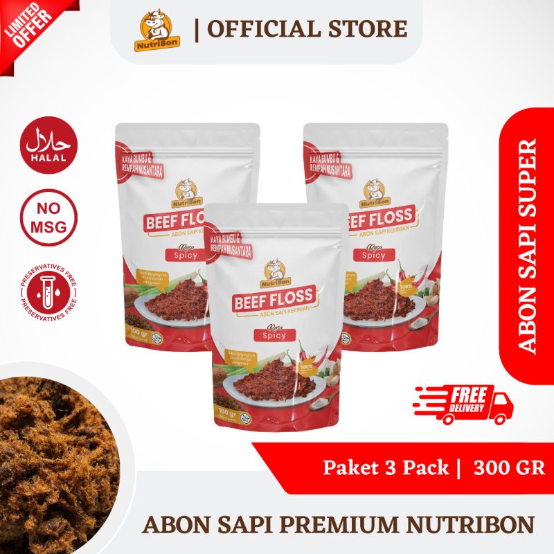 Jual 3 PACK PREMIUM ABON SAPI ASLI PEDAS NUTRIBON | BEEF FLOSS MAKANAN ...