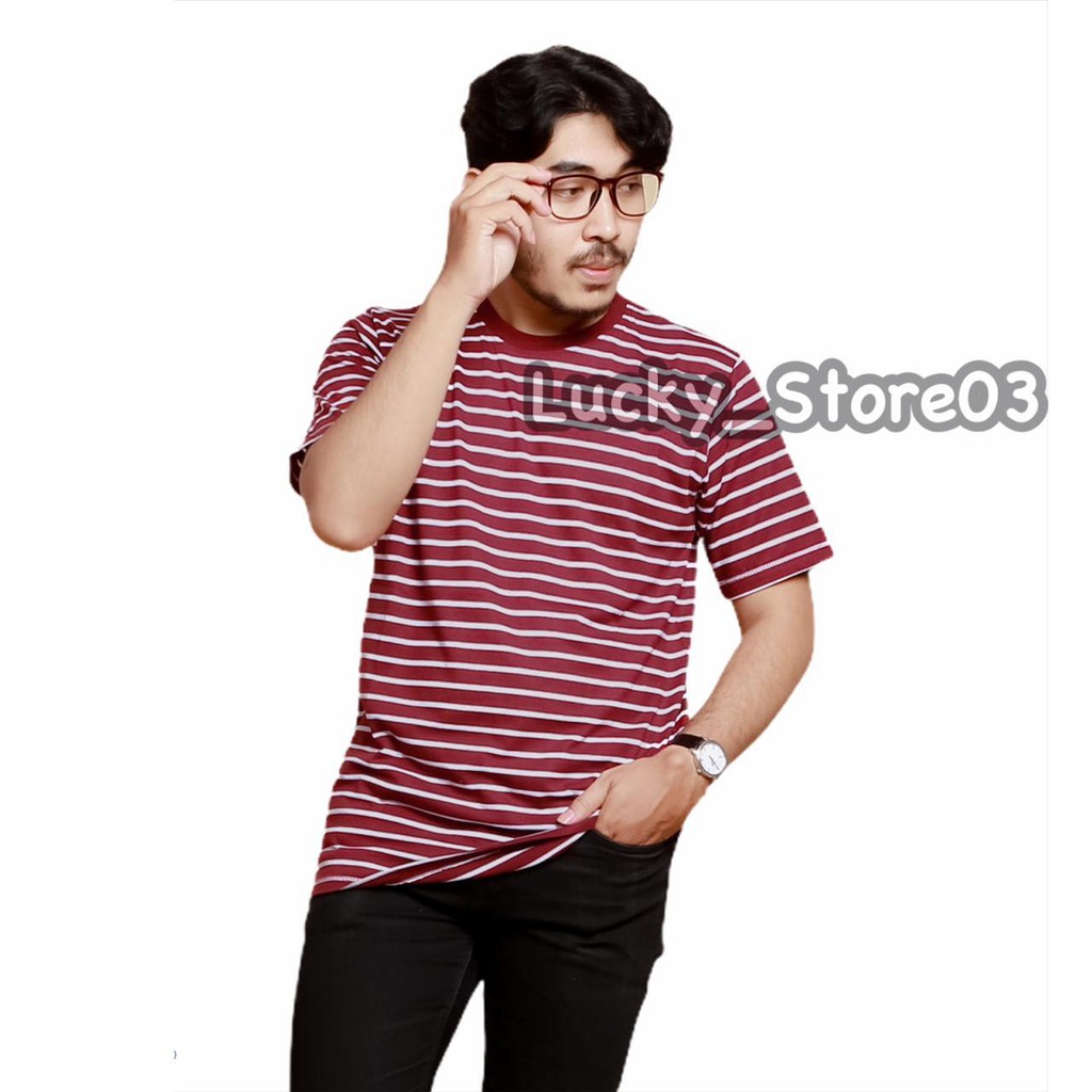Jual (Terlaris) Baju Stripe Pria Medium Maroon Putih Premium | Shopee ...