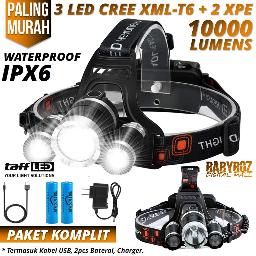 Jual SENTER KEPALA SUPER TERANG TaffLED Headlamp Headlight 3 LED Cree XM-L T6 + 2 XEP 10000 ...