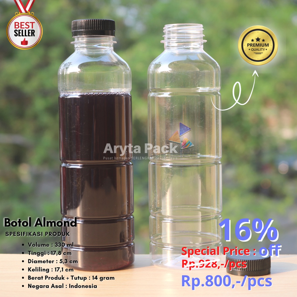 Jual Botol plastik PET 330ml almond minuman mineral jus susu kopi tutup SN warna-warni | Shopee ...