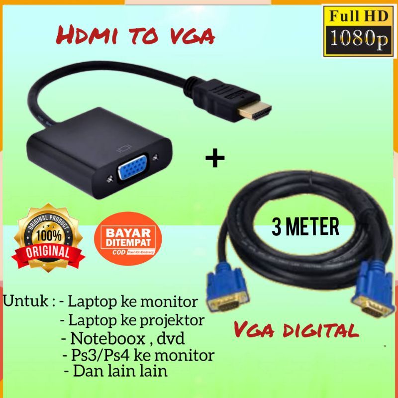 Jual [COD] KABEL ADAPTER CONVERTER KONEKTOR HDMI TO VGA + KABEL VGA DIGITAL MALE TO MALE 3M ...