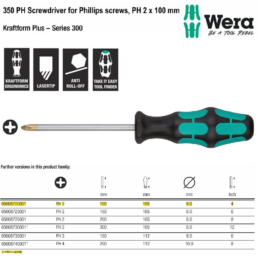 Jual WERA 05008720001 Obeng Plus PH 2 x 100 mm Screwdriver for Phillips ...