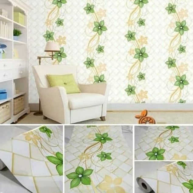 Jual Wallpaper Stiker Dinding Motif Ranting Bunga Hijau Ukuran 10m x ...