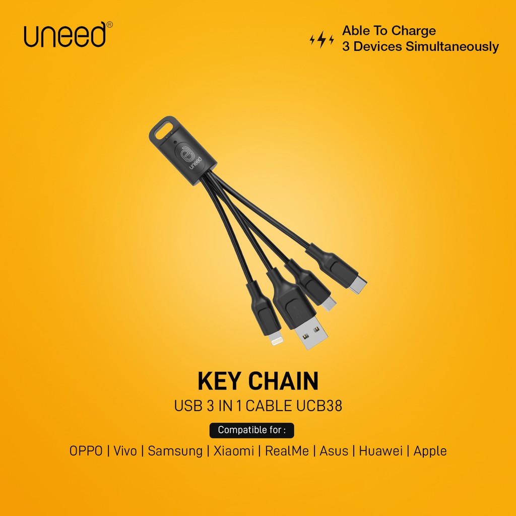 Jual UNEED Key Chain Kabel 3 in 1 Micro USB Lightning Type C – UCB38 ...