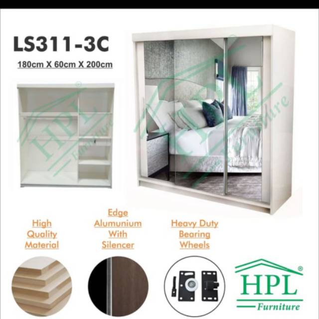Jual LEMARI PAKAIAN SLIDING DOOR 3 PINTU HPL glossy 3 kaca pintu LPS ...