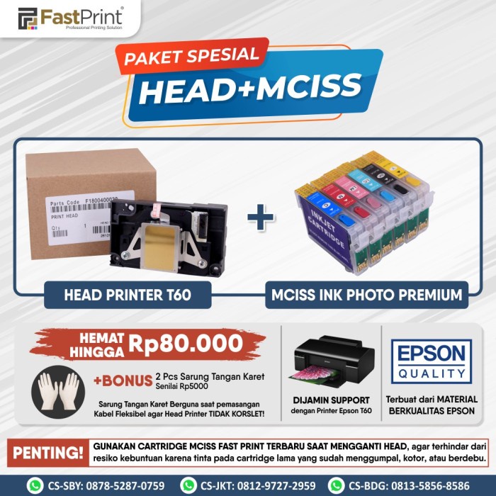 Jual Head Printer Plus Cartridge Mciss Ink Epson T60 L800 L805 L850 ...