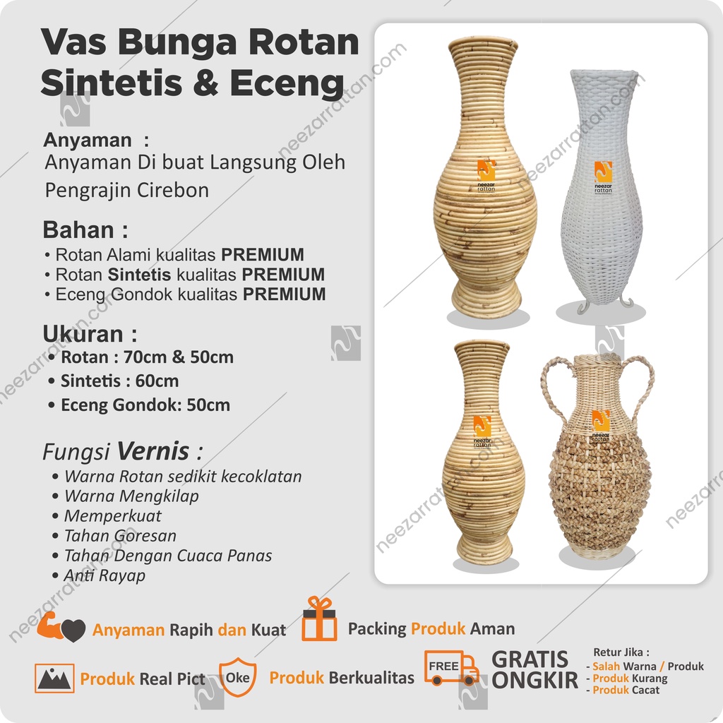 Jual Vas Pot Guci Tempat Bunga dari rotan 50cm ,60cm 70cm Eceng Gondok ...