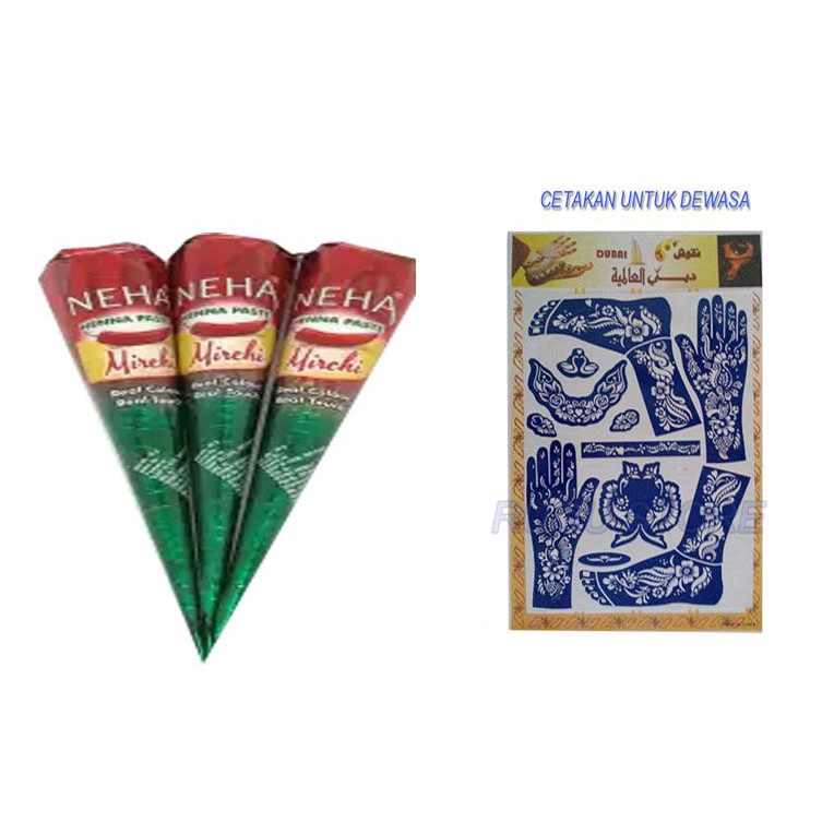Jual Hena Tangan Halal Neha 3 Cone Warna Mirchi & Cetakan Henna Tangan ...