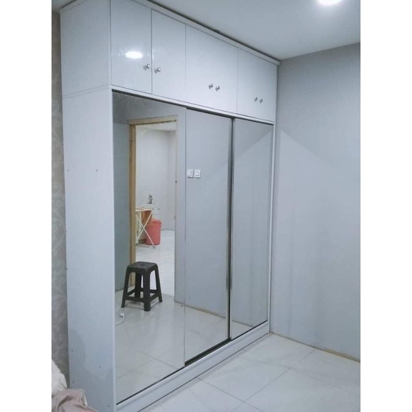 Jual lemari pakaian 3 pintu sliding kaca full + box cabinet | Shopee Indonesia