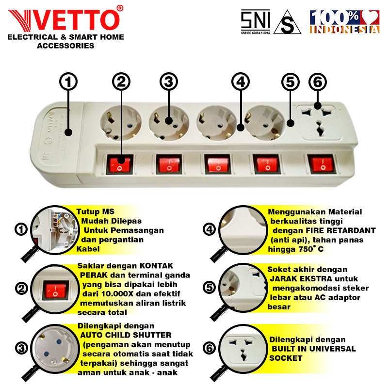 Jual VETTO MS5/5M Stop Kontak - Multi Socket Outlets SNI | Shopee Indonesia
