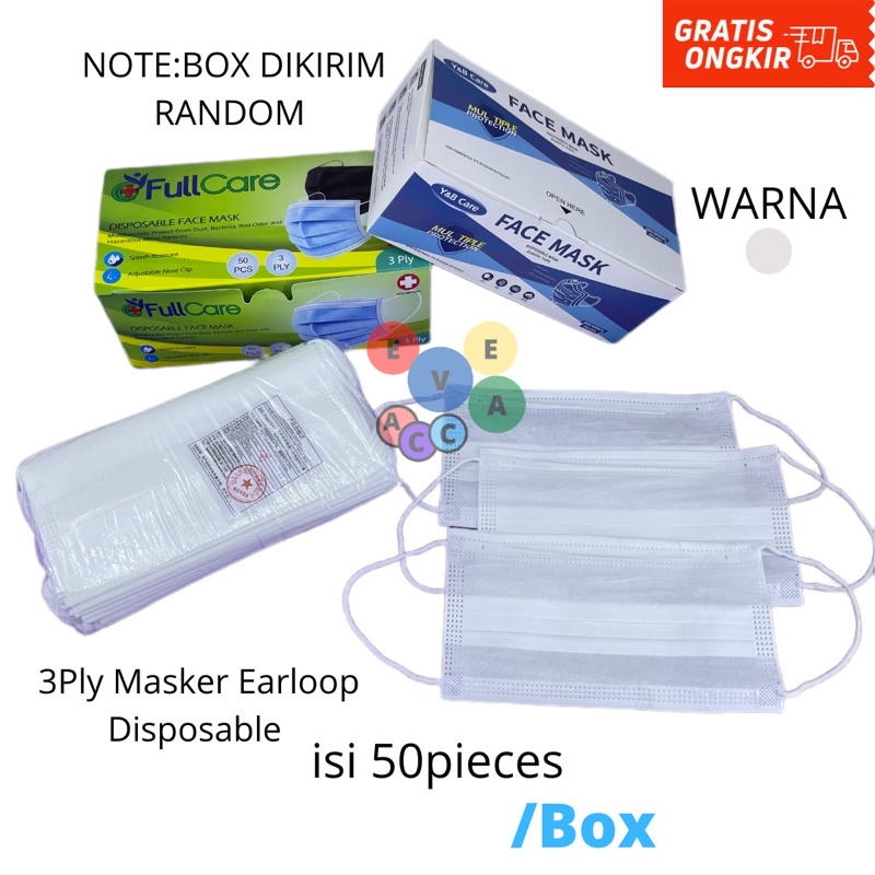 Jual Masker 3 ply 50 pcs Earloop PUTIH + dus masker 3ply 50pcs Free box ...