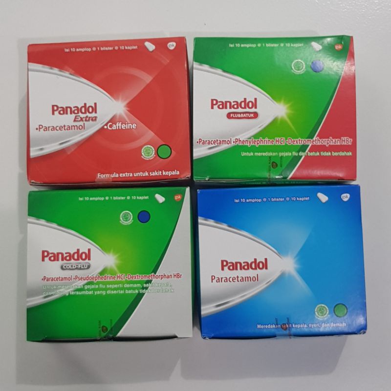Jual panadol tablet biru merah hijau demam extra cold flu batuk 100's ...
