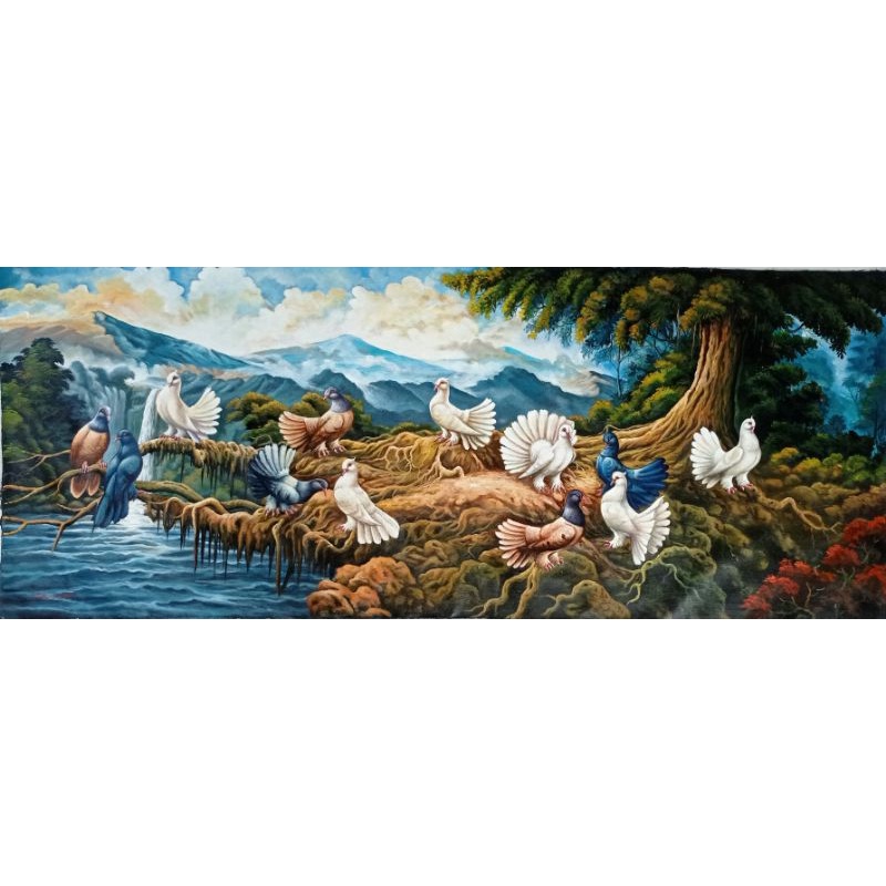 Jual Lukisan burung merpati kipas | Lukisan alam binatang indah ...