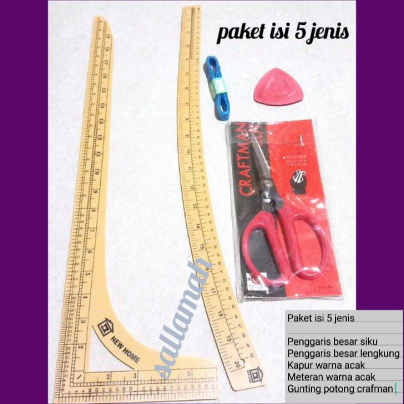 Jual penggaris pola 2 + gunting potong + kapur warna acak + meteran ...
