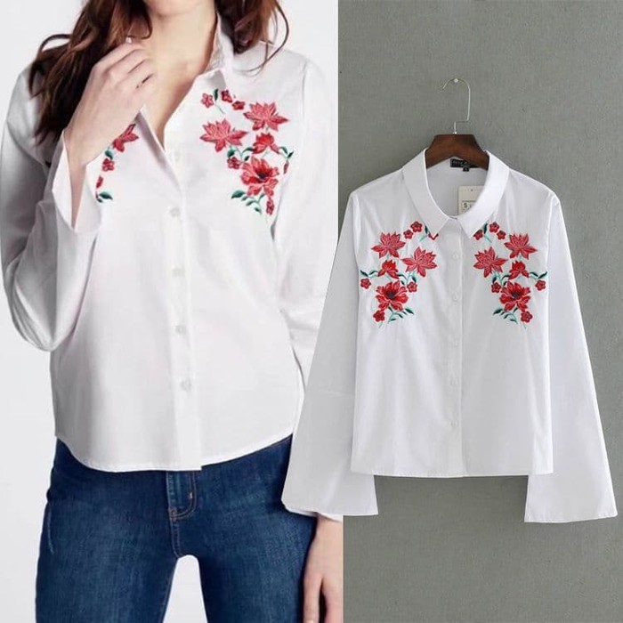 Jual KEMEJA A922541 - BAJU KEMEJA LENGAN PANJANG PUTIH BUNGA LOTUS ...