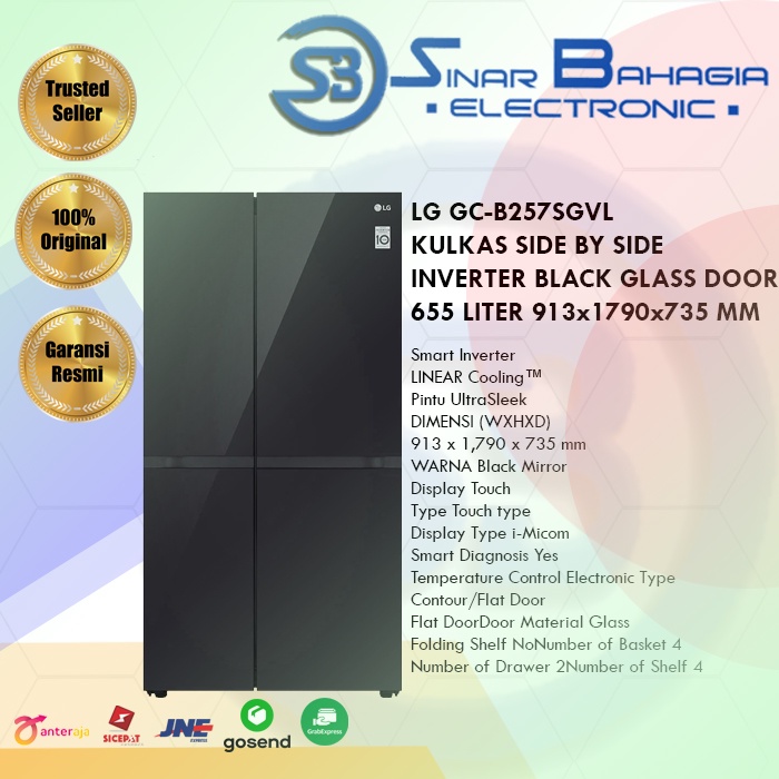 Jual LG GC-B257SGVL KULKAS SIDE BY SIDE INVERTER BLACK GLASS DOOR 655 LITER 913 x 1790 x 735 MM ...