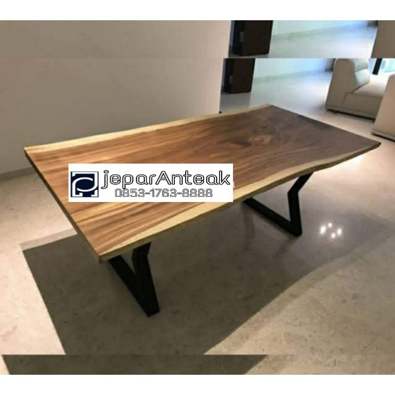 Jual meja makan kayu utuh trembesi kaki besi tekuk | Shopee Indonesia