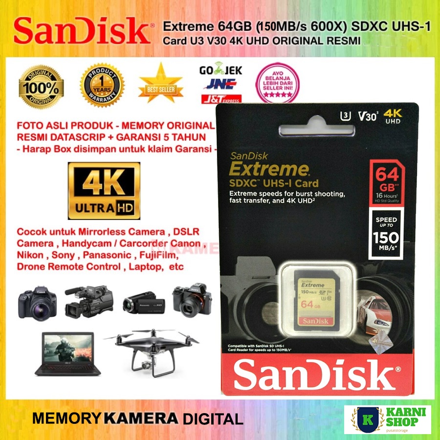Jual MEMORI KAMERA SDXC SDHC SANDISK EXTREME MEMORY SD CARD | Shopee ...