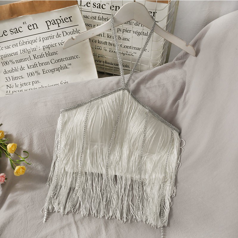 Jual Kamisol wanita gaya halter rumbai warna putih | Shopee Indonesia