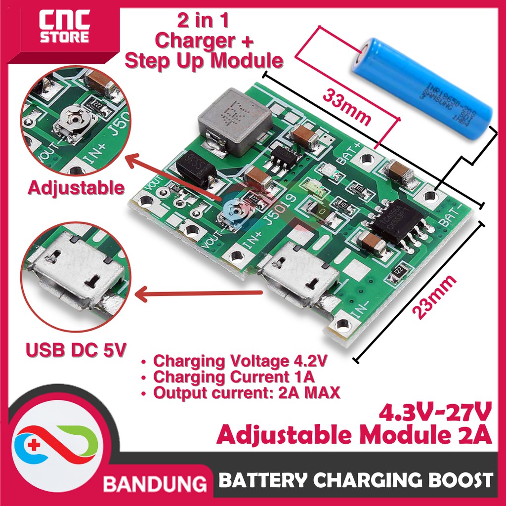 Jual BATTERY CHARGING BOOST STEP UP ADJUSTABLE MODULE 2A 3.7V 9V 18650 ...