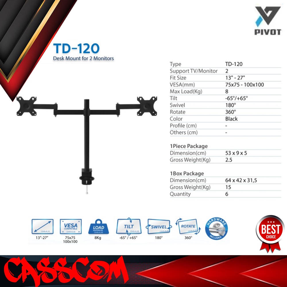 Jual Bracket Meja LCD LED TV 2 Monitor 13" - 27" PIVOT TD120 75x75 ...