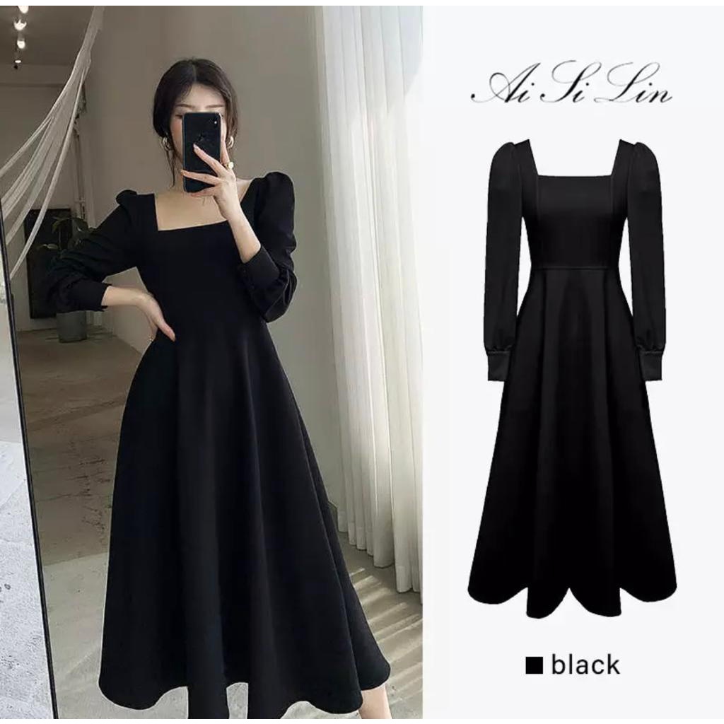 Jual Basic id fashion Gaun wanita hitam elegant A Line gaya korean | Shopee Indonesia