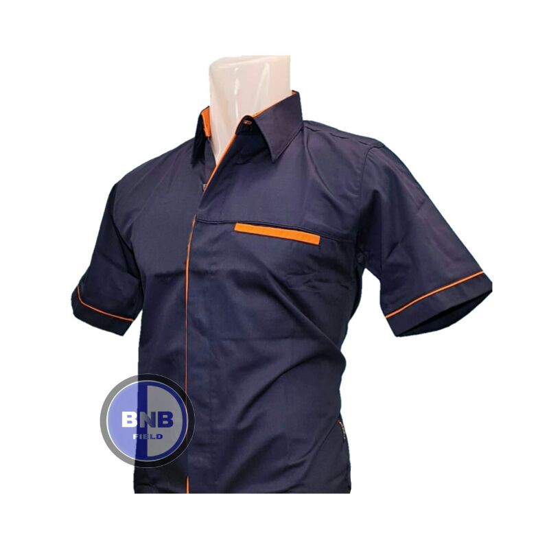 Jual KEMEJA BAJU SERAGAM BIRU NAVY LIS ORANYE BAHAN AMERICAN DRILL ...