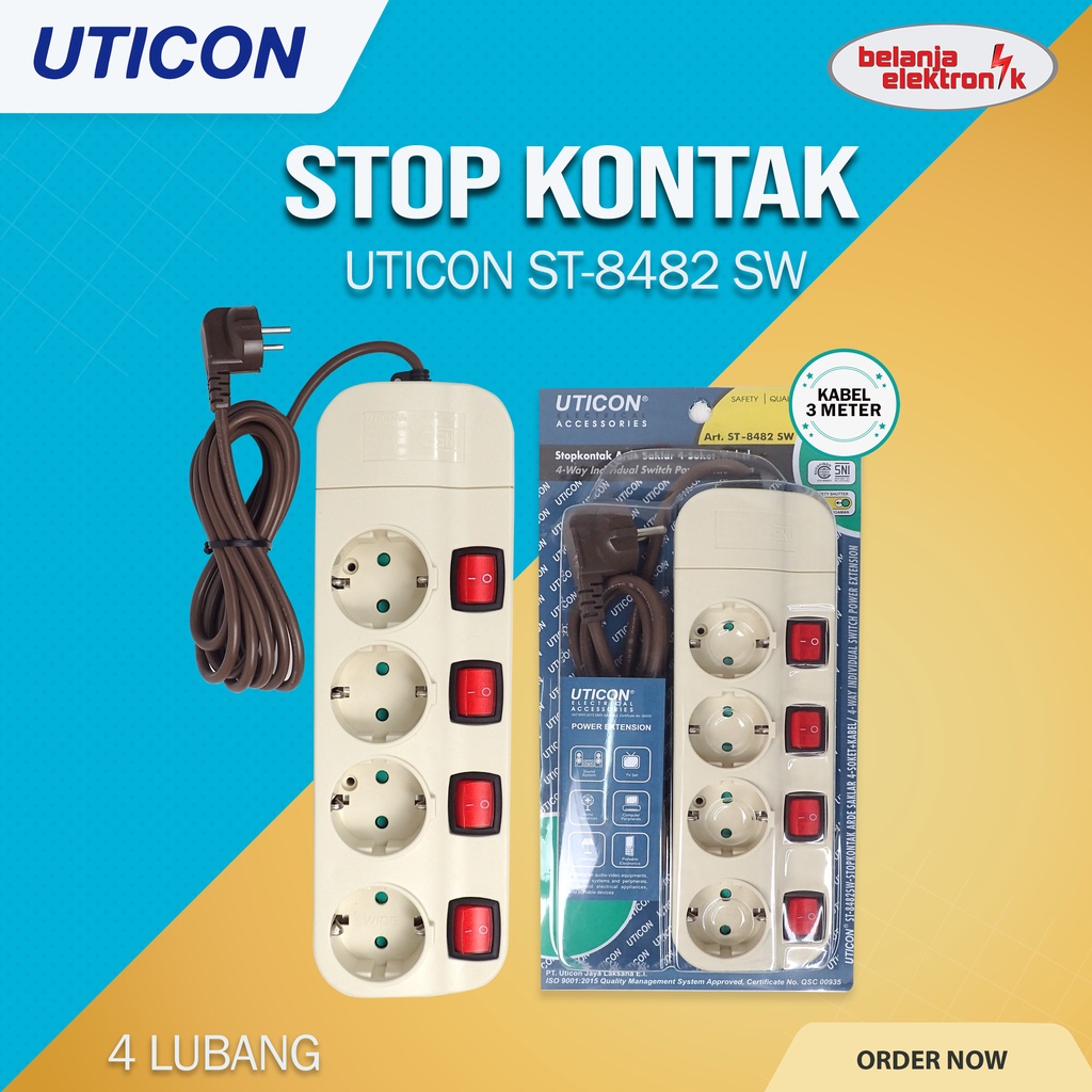 Jual STOP KONTAK 4 LUBANG KABEL 3 METER TERMINAL KONTAK KUNINGAN + SAKLAR UTICON ST-8482 SW ...