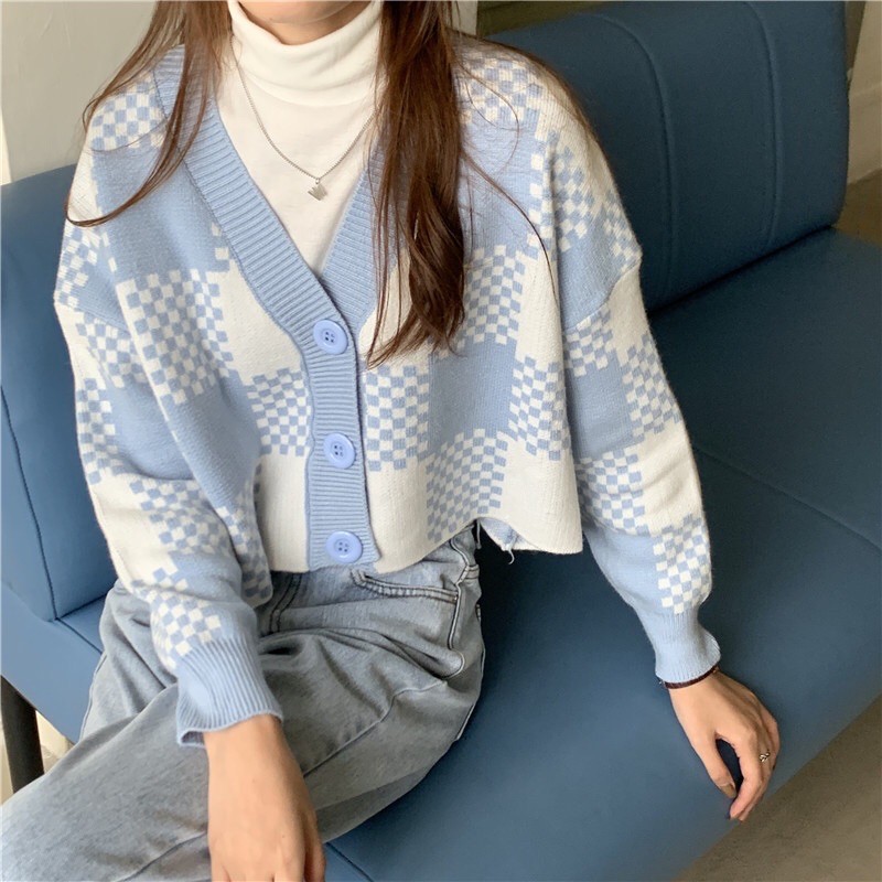 Jual [ready stock] bluemy cardi | atasan rajut knit cardigan crop kotak kotak gaya korea ...