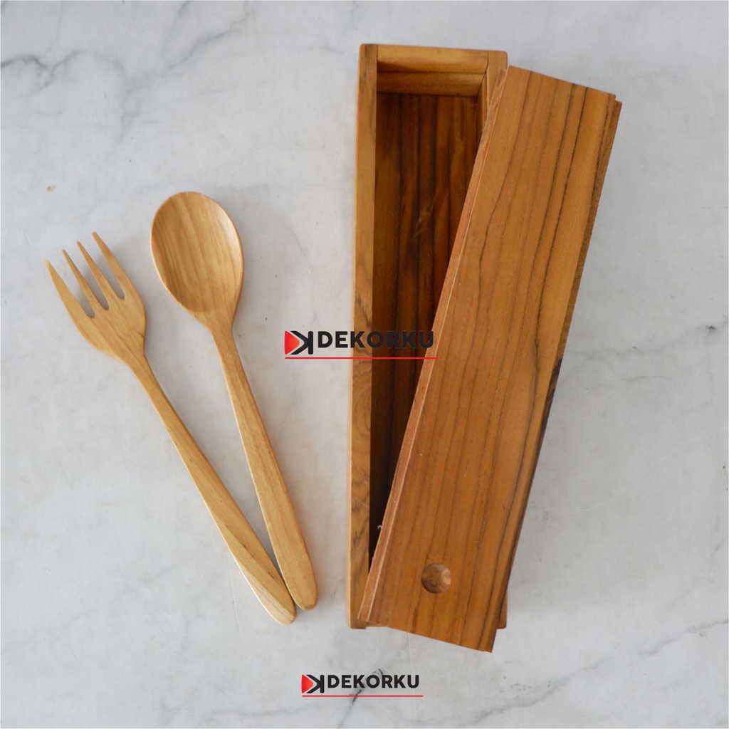 Jual Kotak Sendok Garpu Sumpit / Cutlery Set Box Kayu Jati | Shopee ...