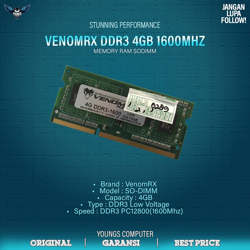 Jual RAM VenomRX Sodimm DDR3 4GB 1600 Low Voltage PC12800 Memory Laptop ...