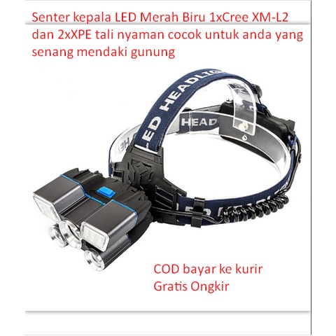 Jual Senter kepala LED Merah Biru 1xCree XM-L2 dan 2xXPE tali nyaman ...