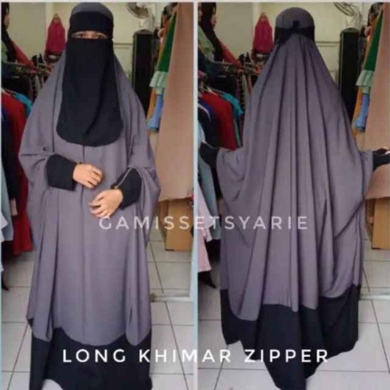 Jual Long Khimar Zipper Overhead Kombinasi Free Cadar Bandana | Shopee ...