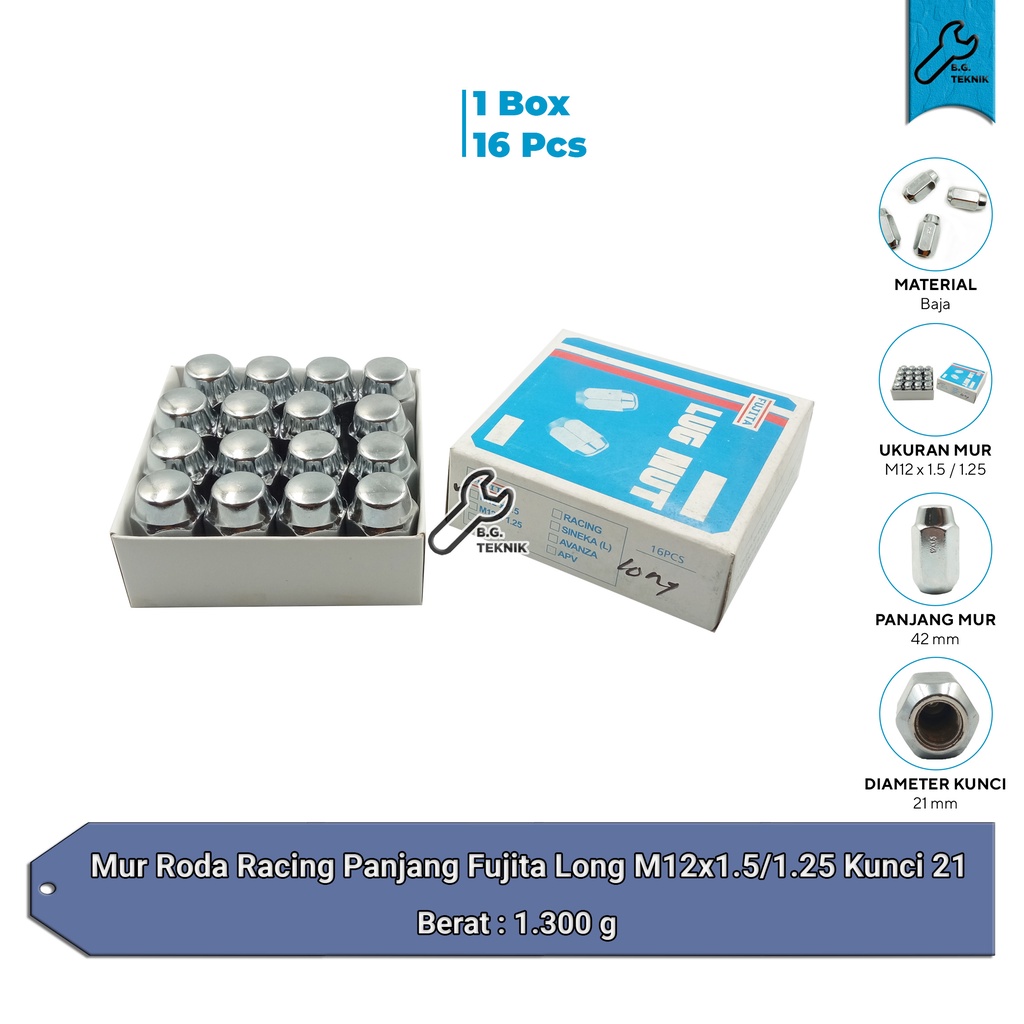 Jual [16 PCS] Mur Roda Racing Panjang Fujita Long M12x1.5 / 1.25 Kunci ...