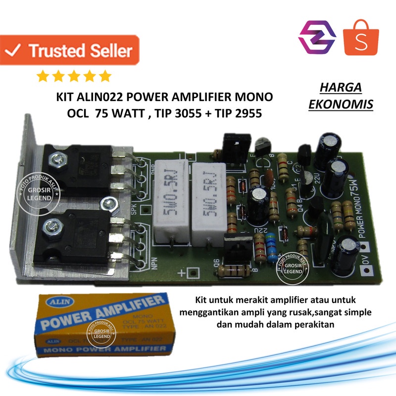 Jual Kit power amplifier mono ocl 75 watt Alin 022 Tip 3055 + Tip 2955 ...