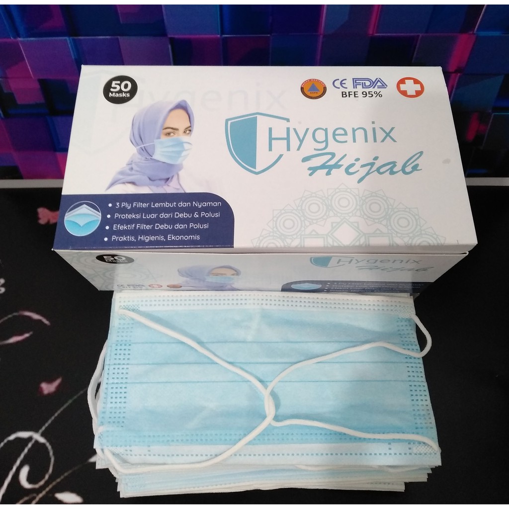 Jual masker 3ply isi 50 pcs hijab biru hygenix kemenkes | Shopee Indonesia