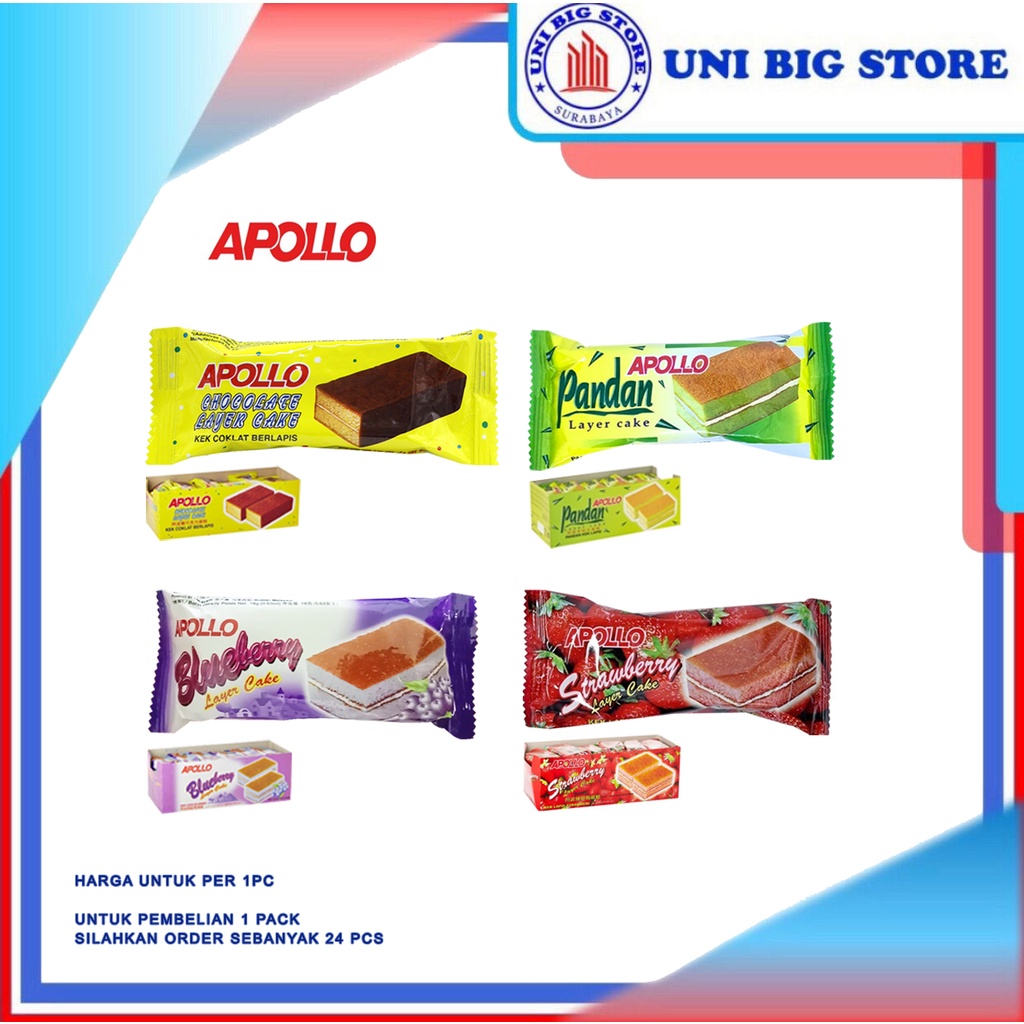 Jual Apollo Layer Cake Chocolate Pandan Blueberry Strawberry 18 Gr Pc ...