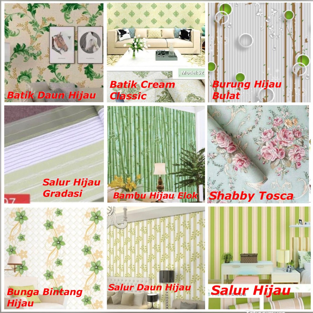 Jual 1 KG MUAT 2 ROLL !! WALLPAPER DINDING ukuran 45 cm x 10 M TEMA WARNA SALUR HIJAU BUNGA ...