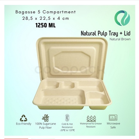 Jual Kotak Makan Bento - Bagasse Bento Box Sekat 5 Natural Brown + Pulp Lid - 10Pcs(BS05-HB05 ...