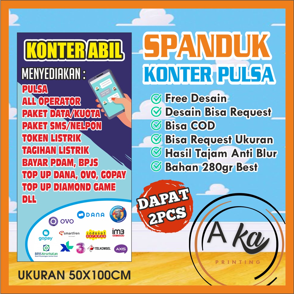 Jual FREE DESAIN UKURAN 50X100 DAPAT 2PCS SPANDUK PULSA/BANNER KONTER/SPANDUK 1 HARI JADI/CONTER ...